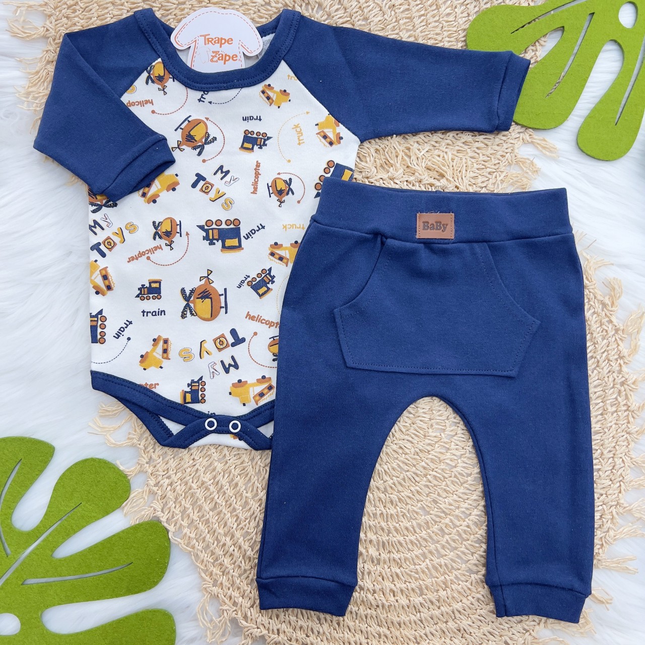 Cj. Body Trenzinho M Longa e Calça- Marinho e Off White