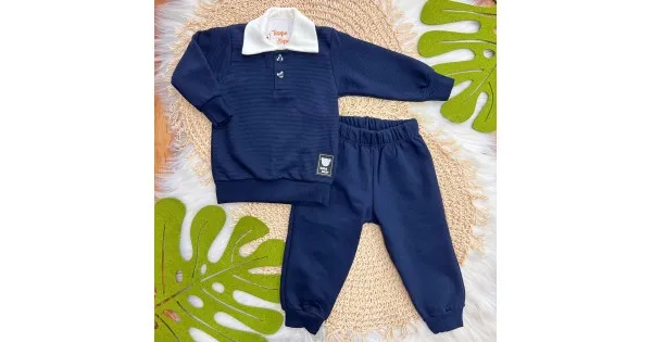 Conj. Casaco com Gola Baby Bear e Calça de Moletom - Marinho e Off White