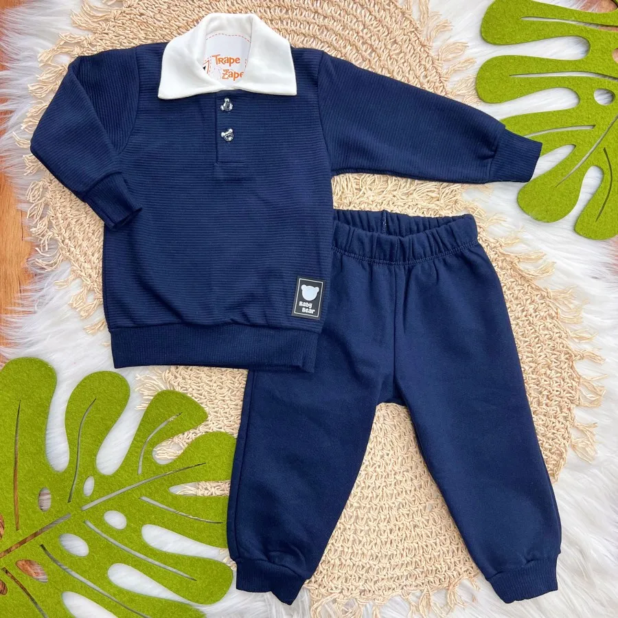 Conj. Casaco com Gola Baby Bear e Calça de Moletom - Marinho e Off White