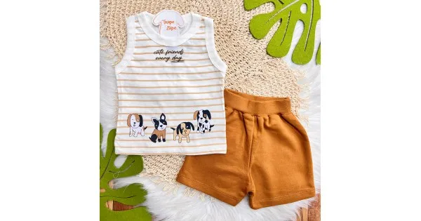 Conj. Regata Cute Friends e Bermuda - Off White e Ferrugem